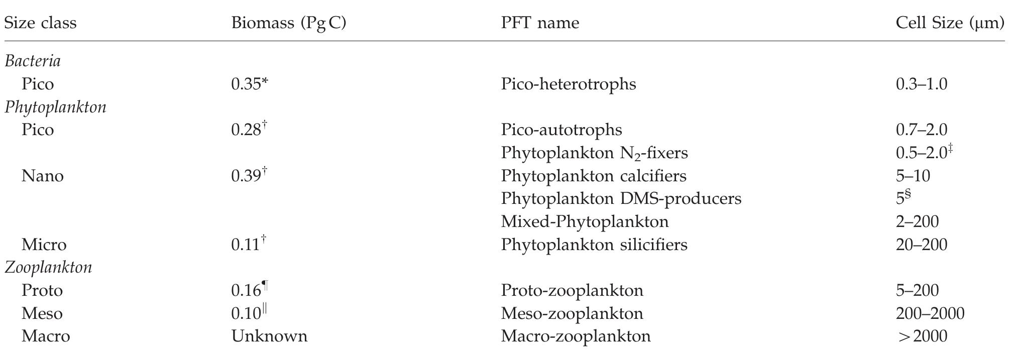 Biomass and size distribution of plankton functional types
