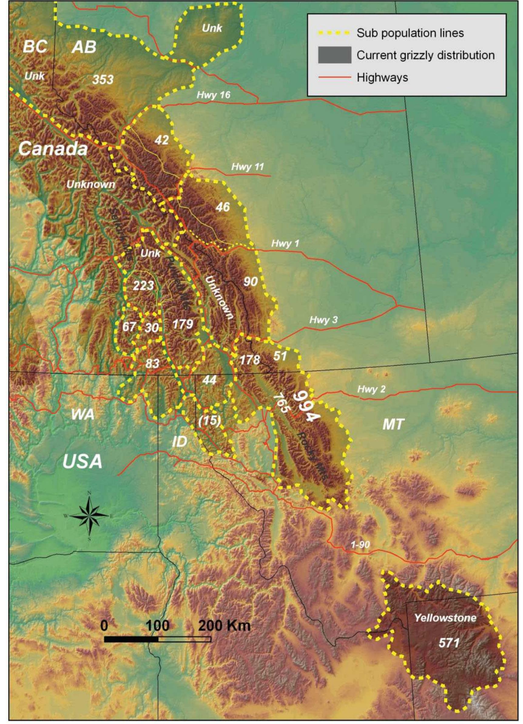 Map of subpopulations of grizzly bears in the trans-border