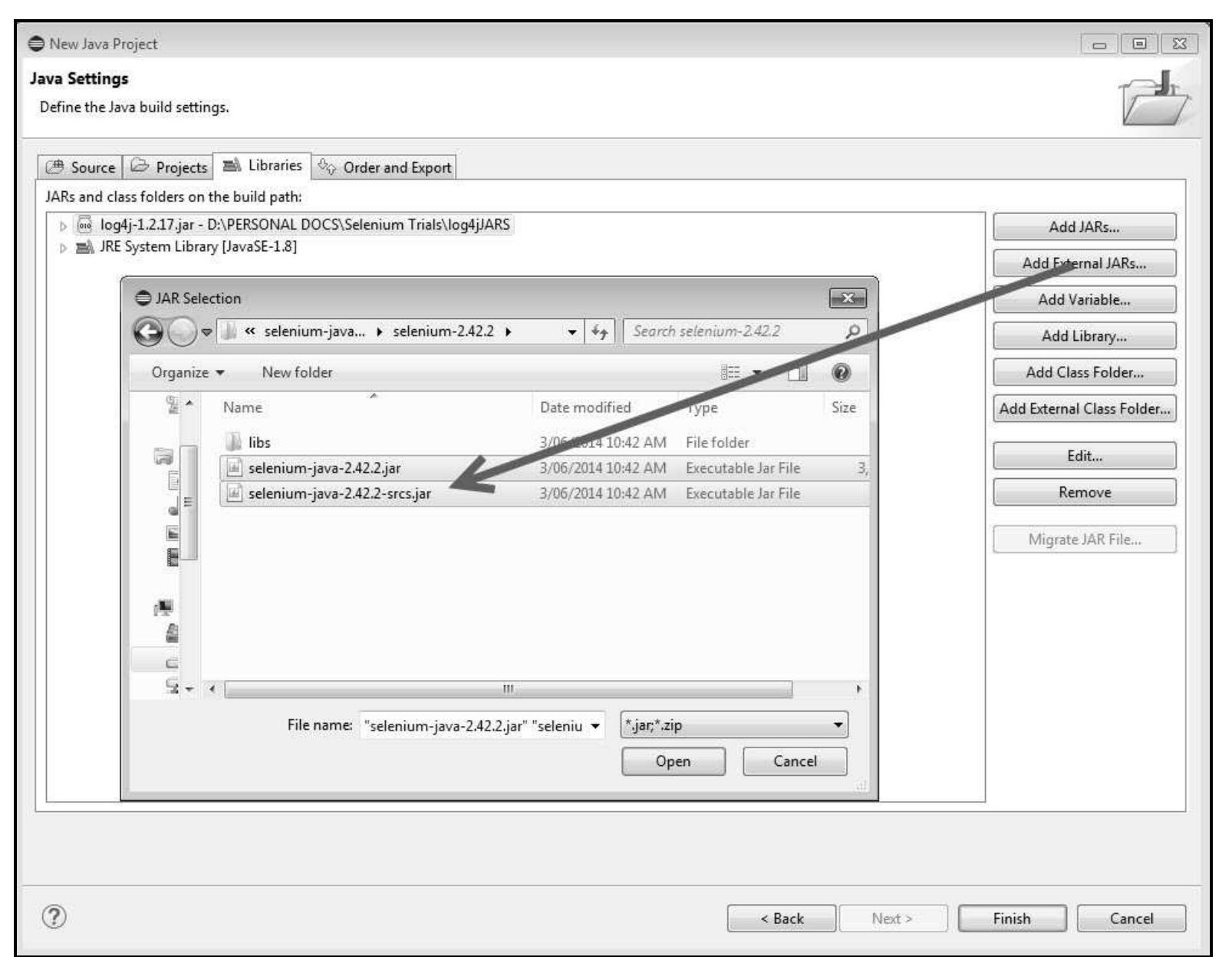 Step 5 : click add external jar and add selenium webdriver