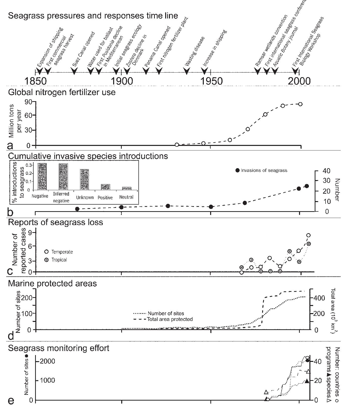 Time line showing pressures on seagrass populations and