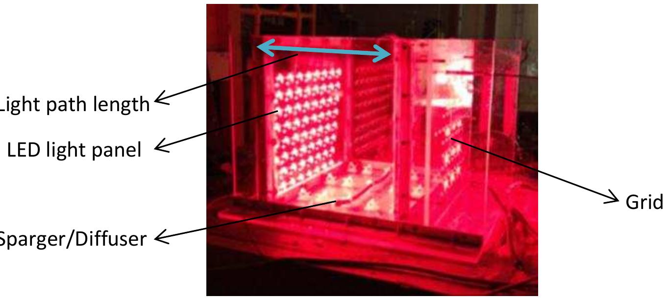 A photobioreactor with led panel, a diffuser and a grid.