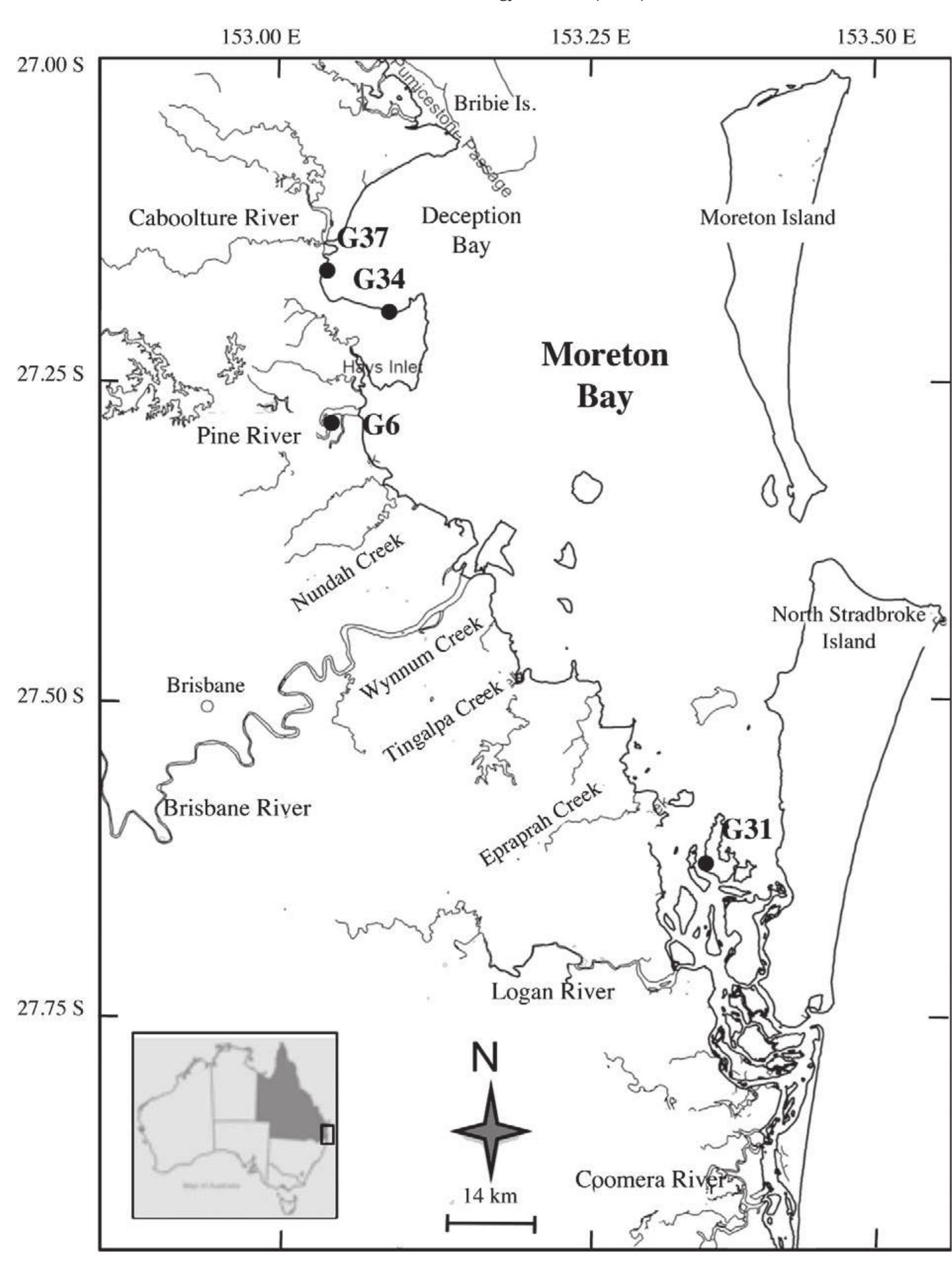 Map of moreton bay and location of the sampling sites.