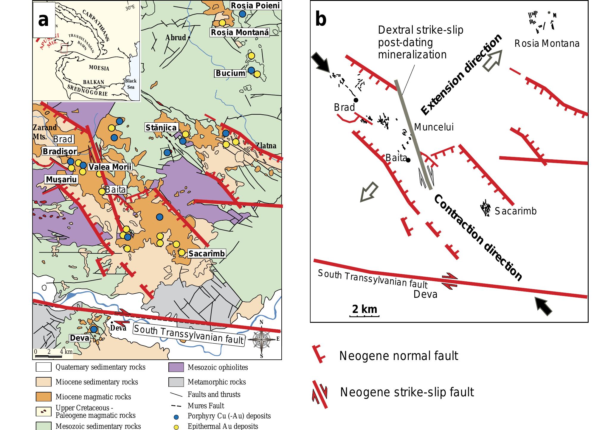 A—detailed map of neogene structures and magmatic rocks in