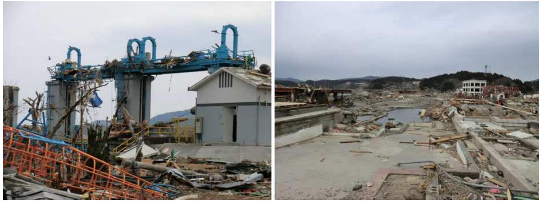 The damaged tsunami gate in minami-sanriku town and the