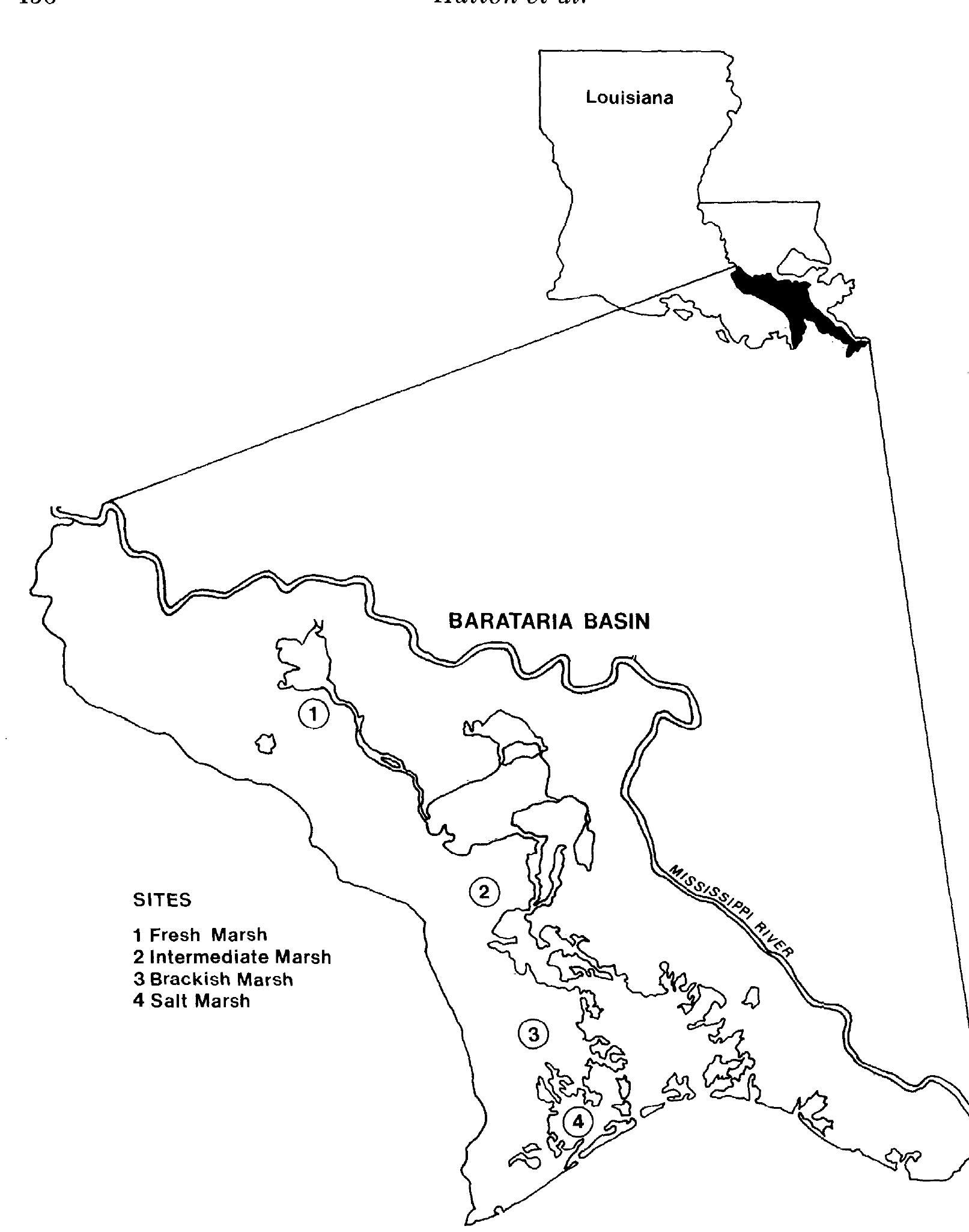 Map of barataria basin showing delineation of marsh types
