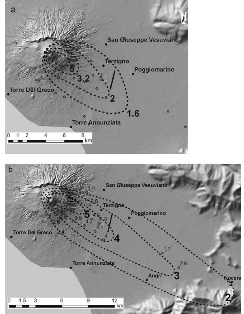 Isopleth maps of the maximum (a) lithic and (b) scoria based