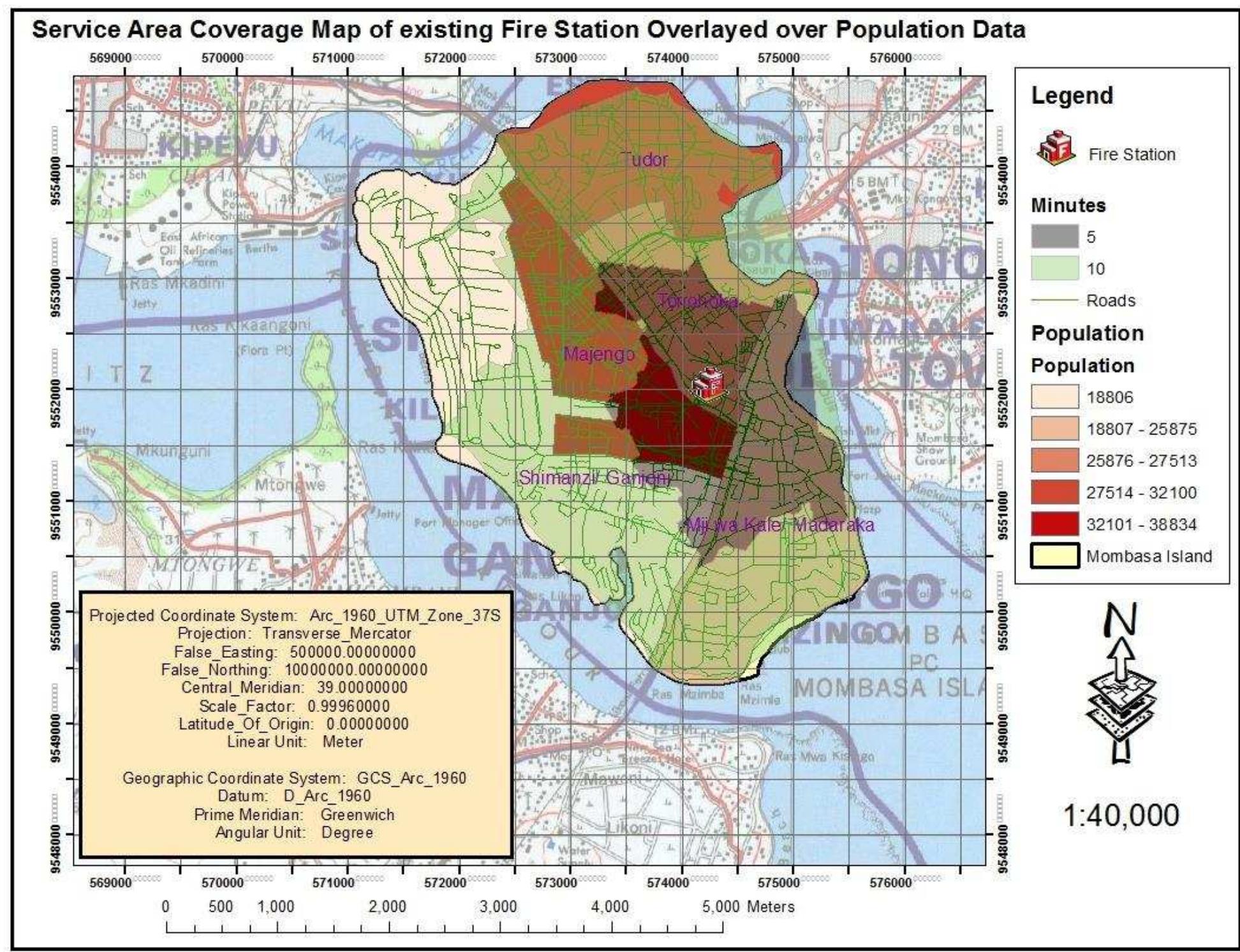 A map showing the fire station coverage area in 5 and 10