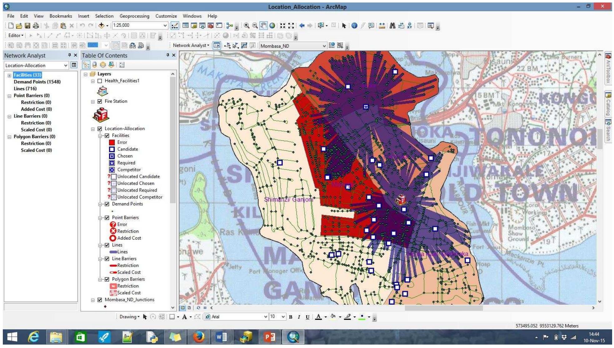 Screenshot showing location allocation analysis for new fire