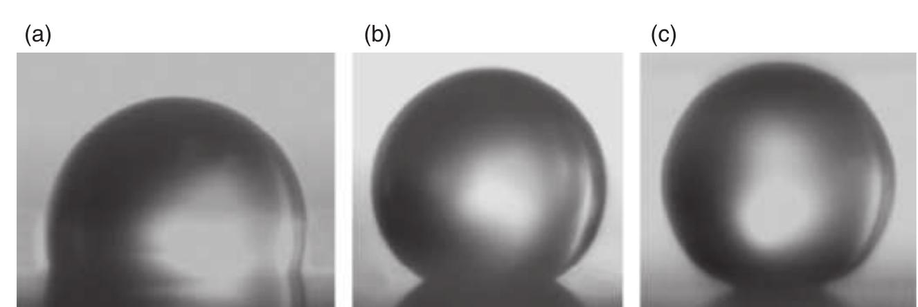 Pictures of water-droplet contact angles measured for (a)