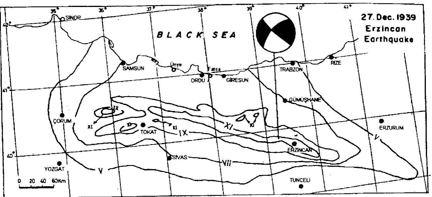 Isoseismal map of erzincan earthquake, 26-27 december, 1939