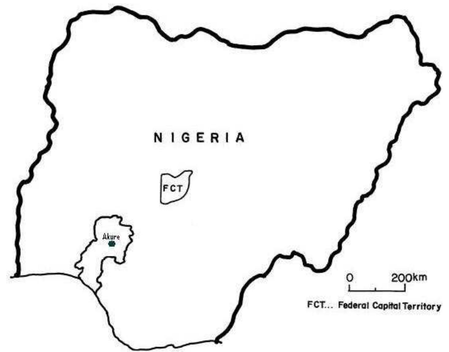 Map of nigeria showing the position of akure in ondo state.