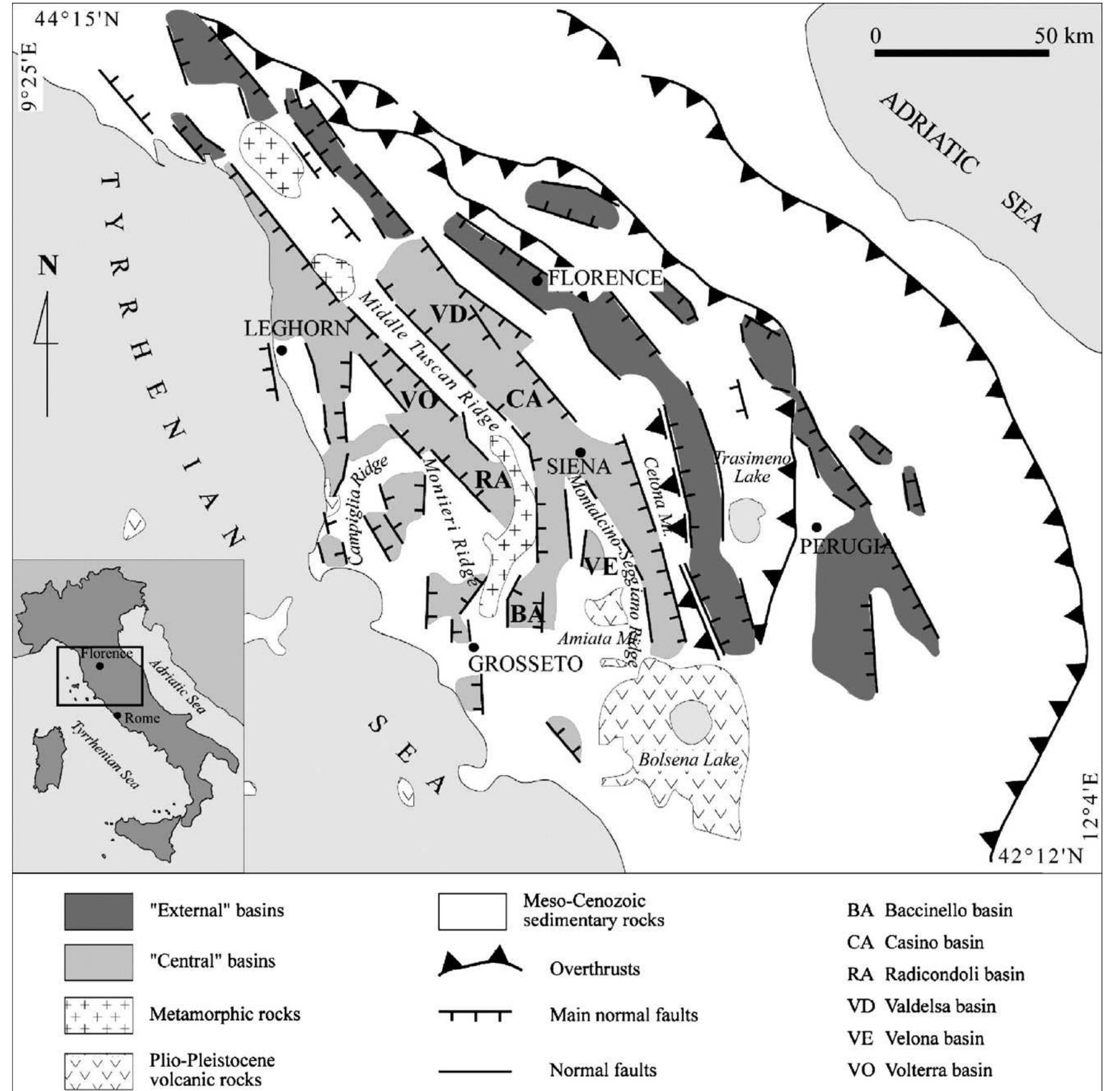 Structural sketch map of tuscany with the location of the