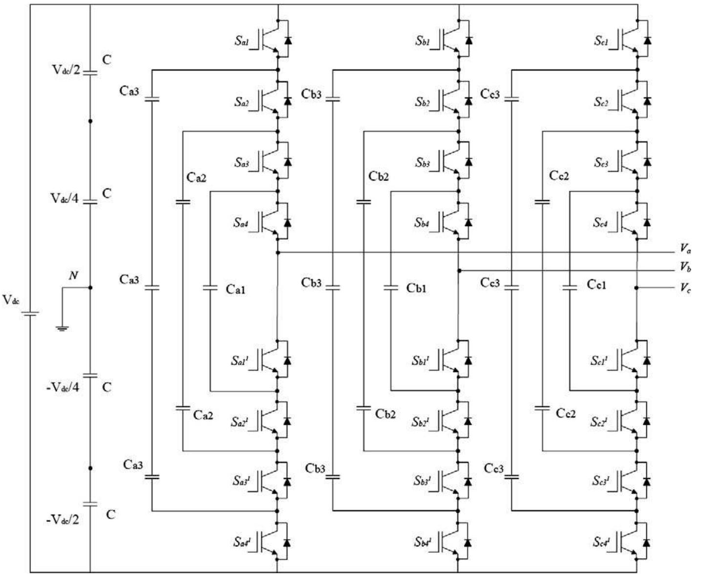 Three-phase five-level topology of flying capacitor