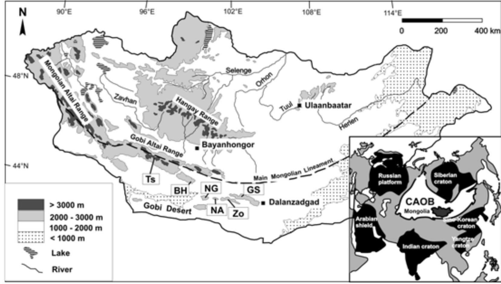 Geographic map of mongolia showing the study areas in the