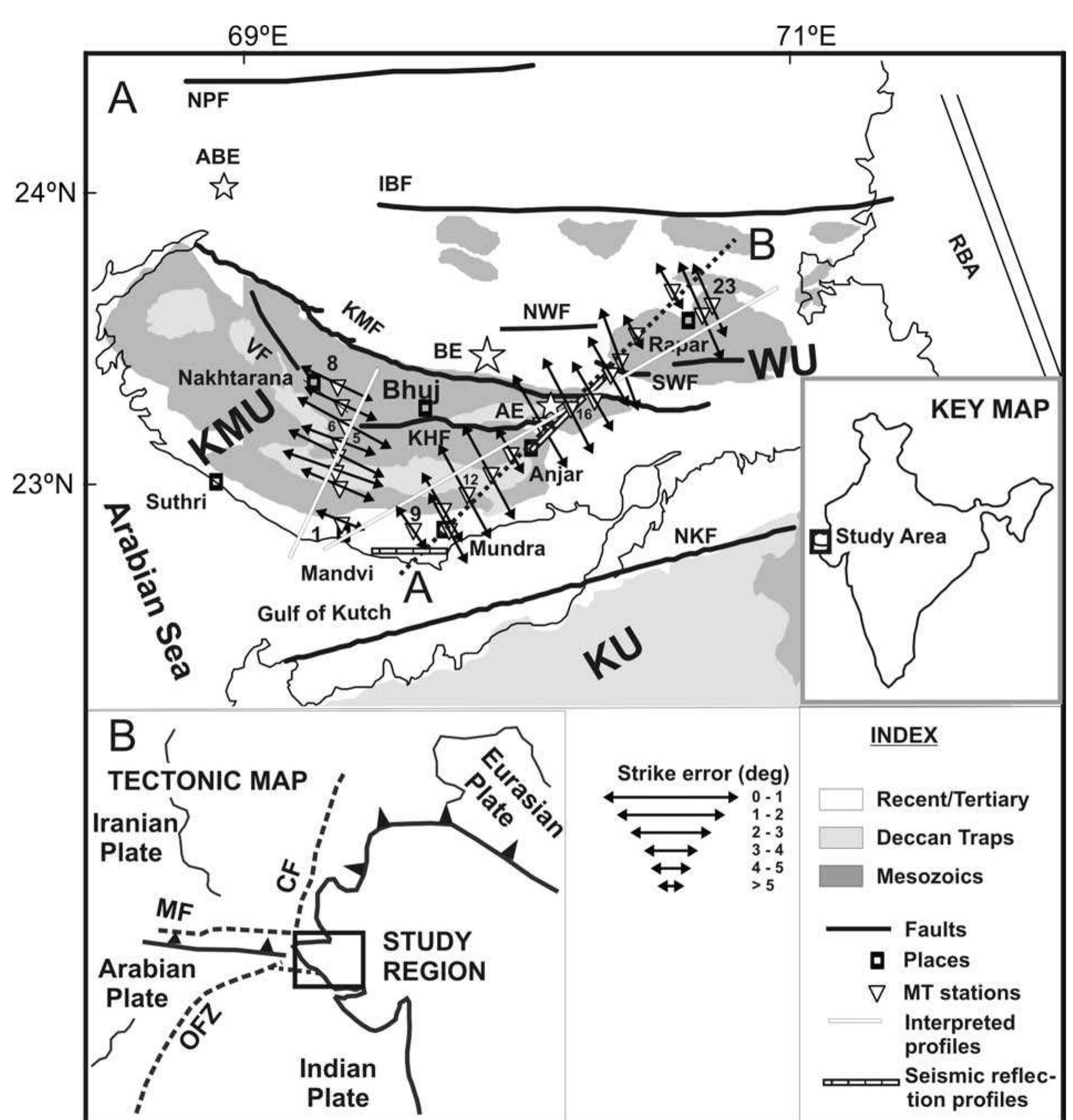 ] a) map showing the tectonic features of the study region