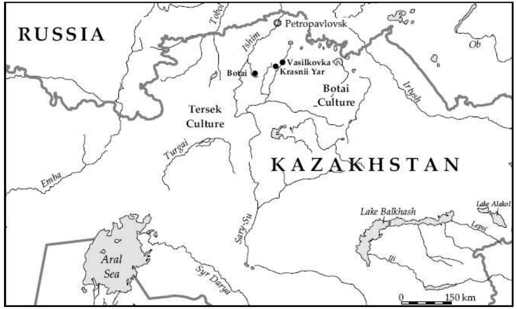 Map. 3 botai culture sites c.3700 - 3000 bc after olsen 2003