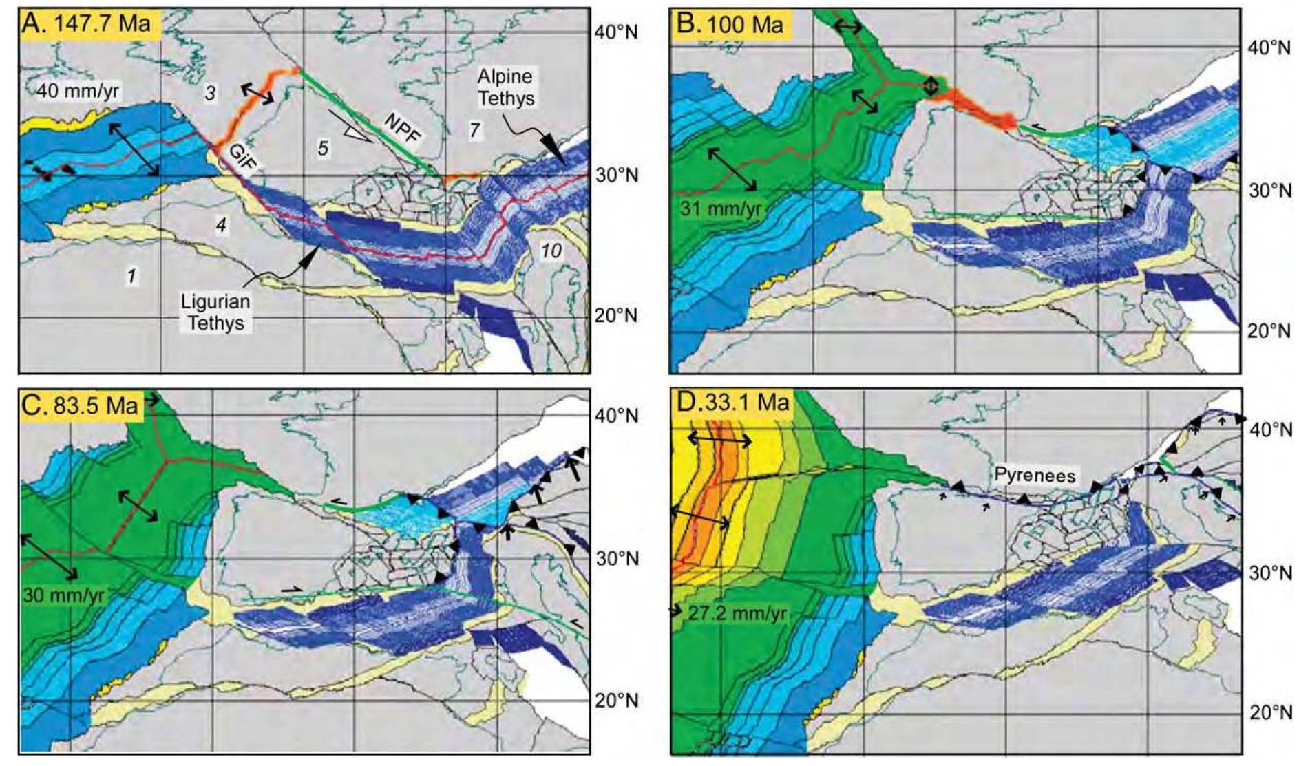 Plate tectonic maps showing the evolution of africa, iberia