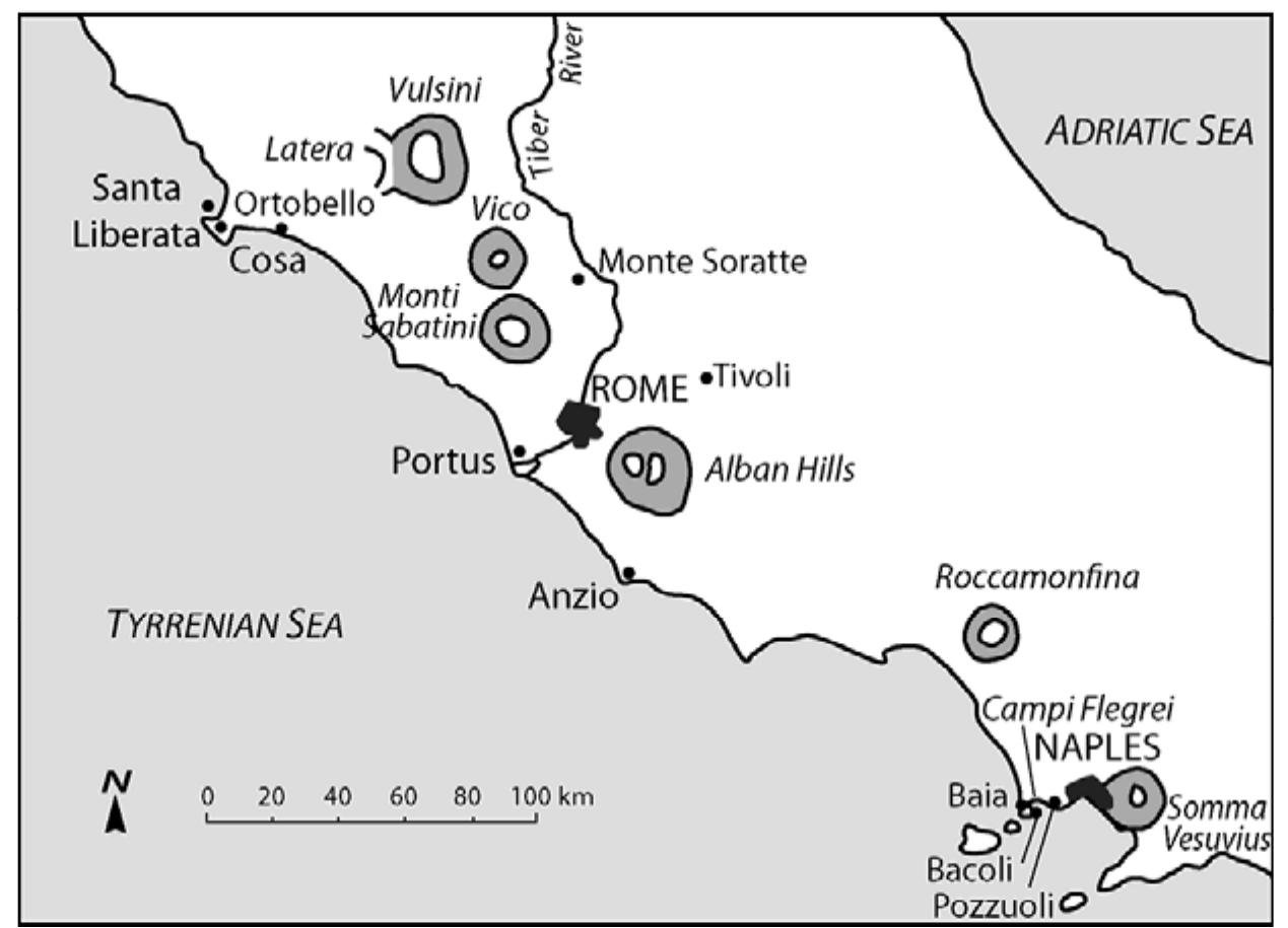 Ancient roman harbors and volcanic districts of the central
