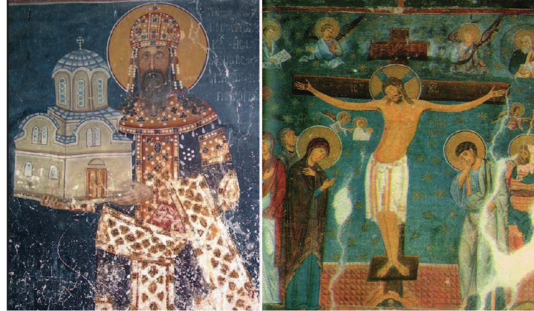 Frescoes of king stefan milutin and crucifixion in studenica