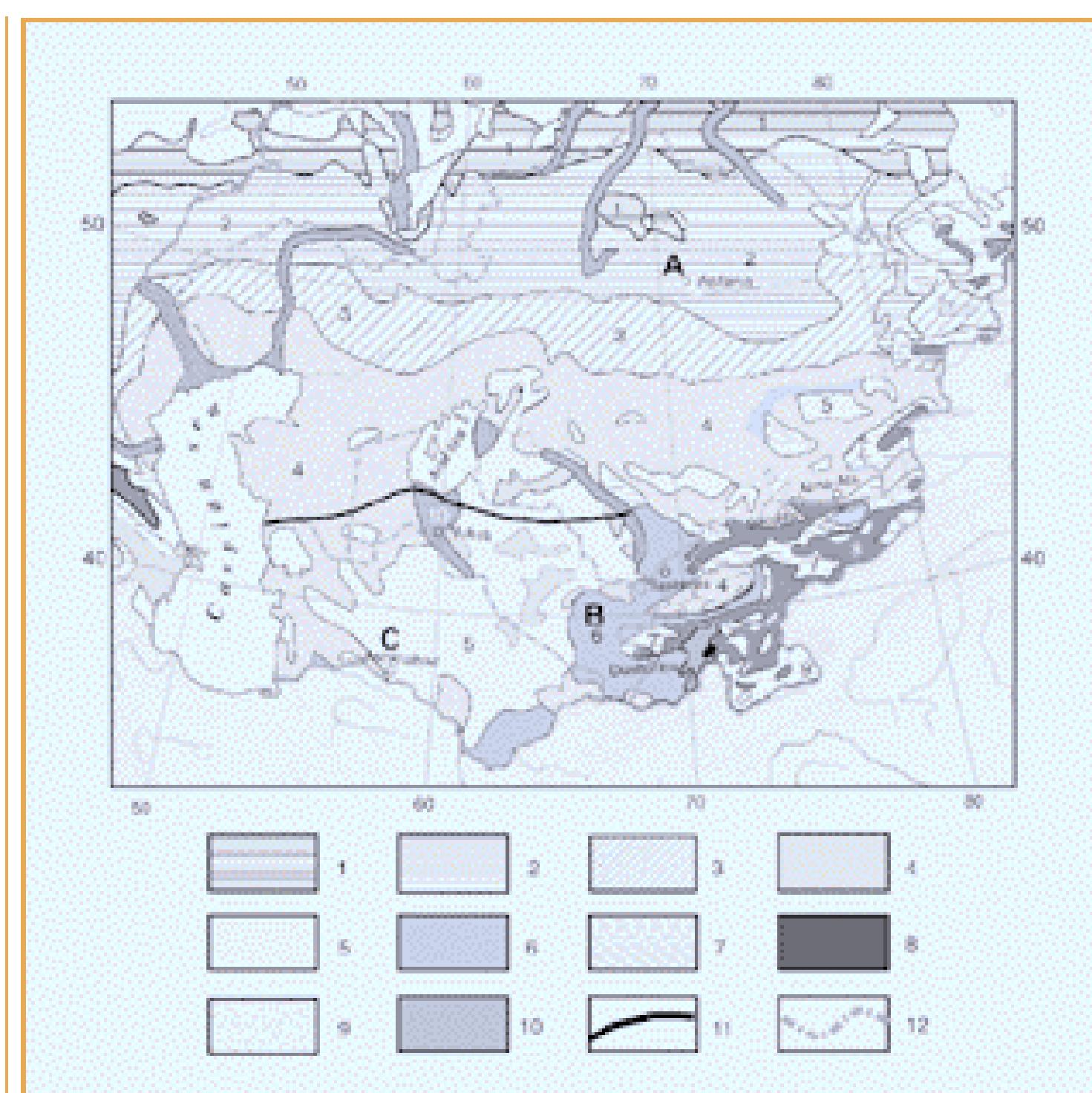 Schematic map of major natural zones of central asia: 1,