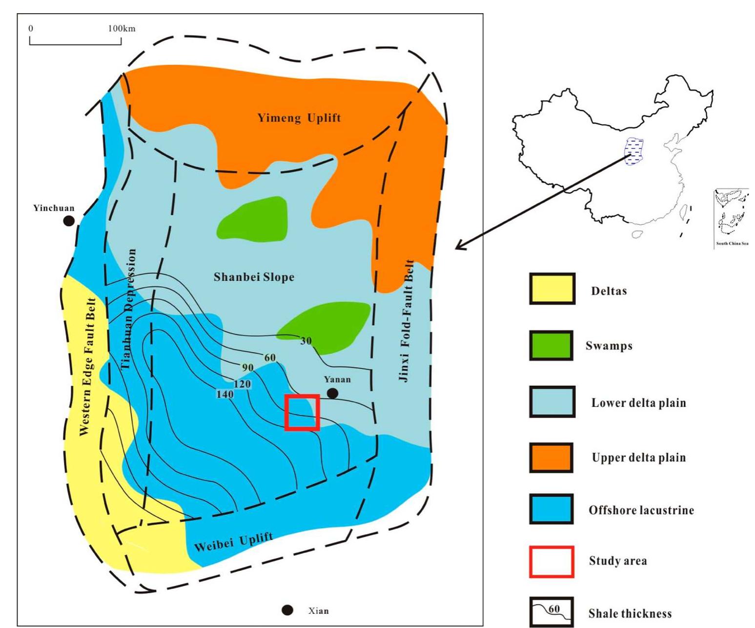 Location, sedimentary facies, and shale thickness of the