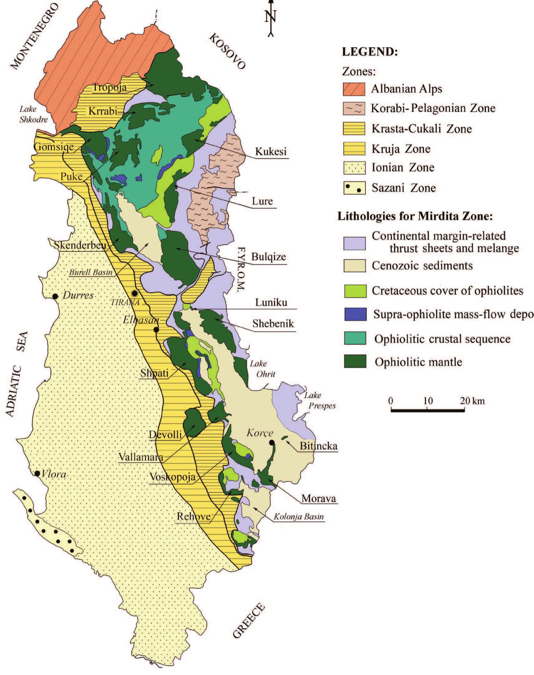 Simplified geological map of albania, with the main tectonic