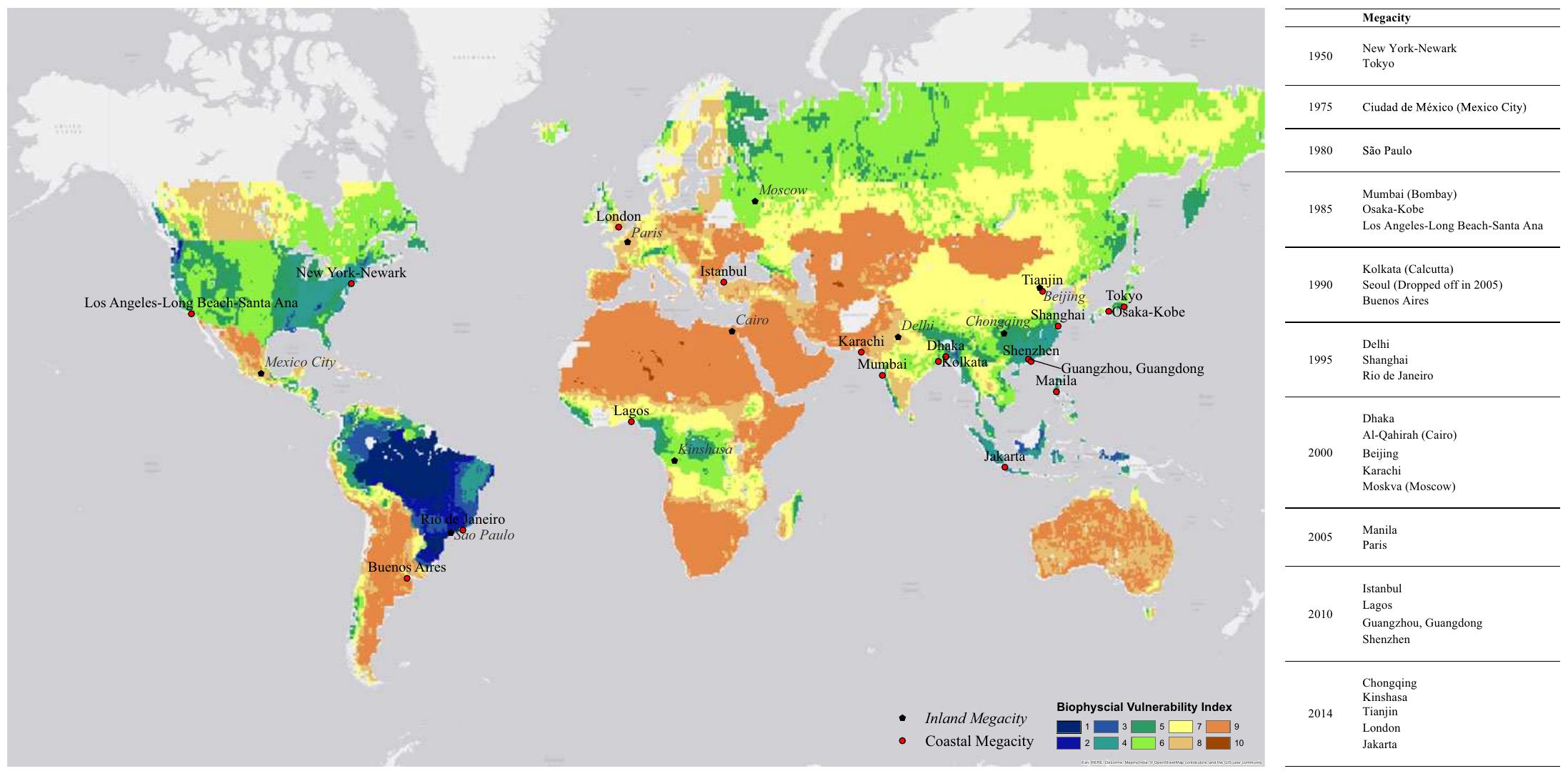 Map showing locations of the world’s 28 megacities in 2014