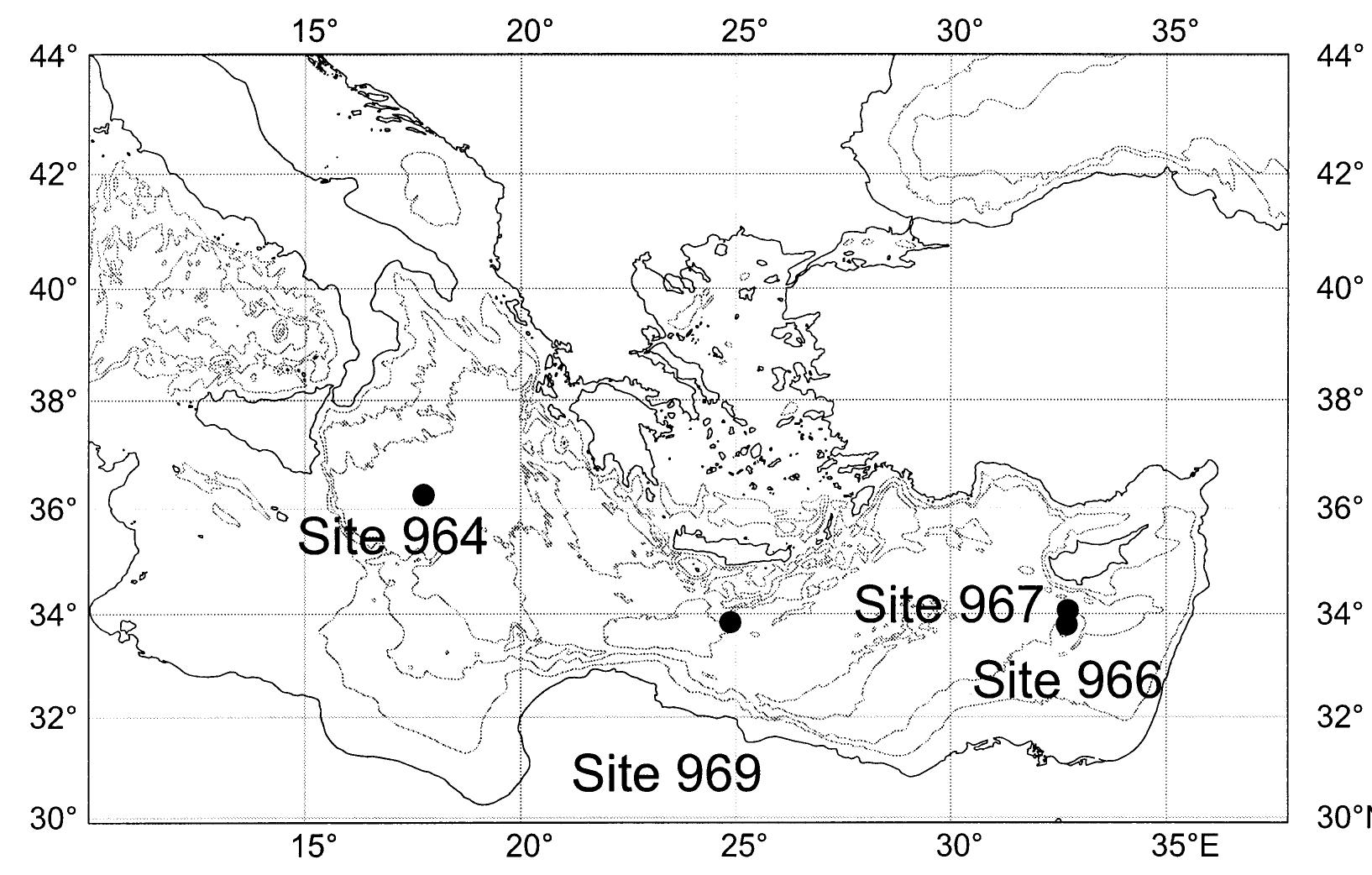 Map of odp leg 160 drilling locations in the eastern