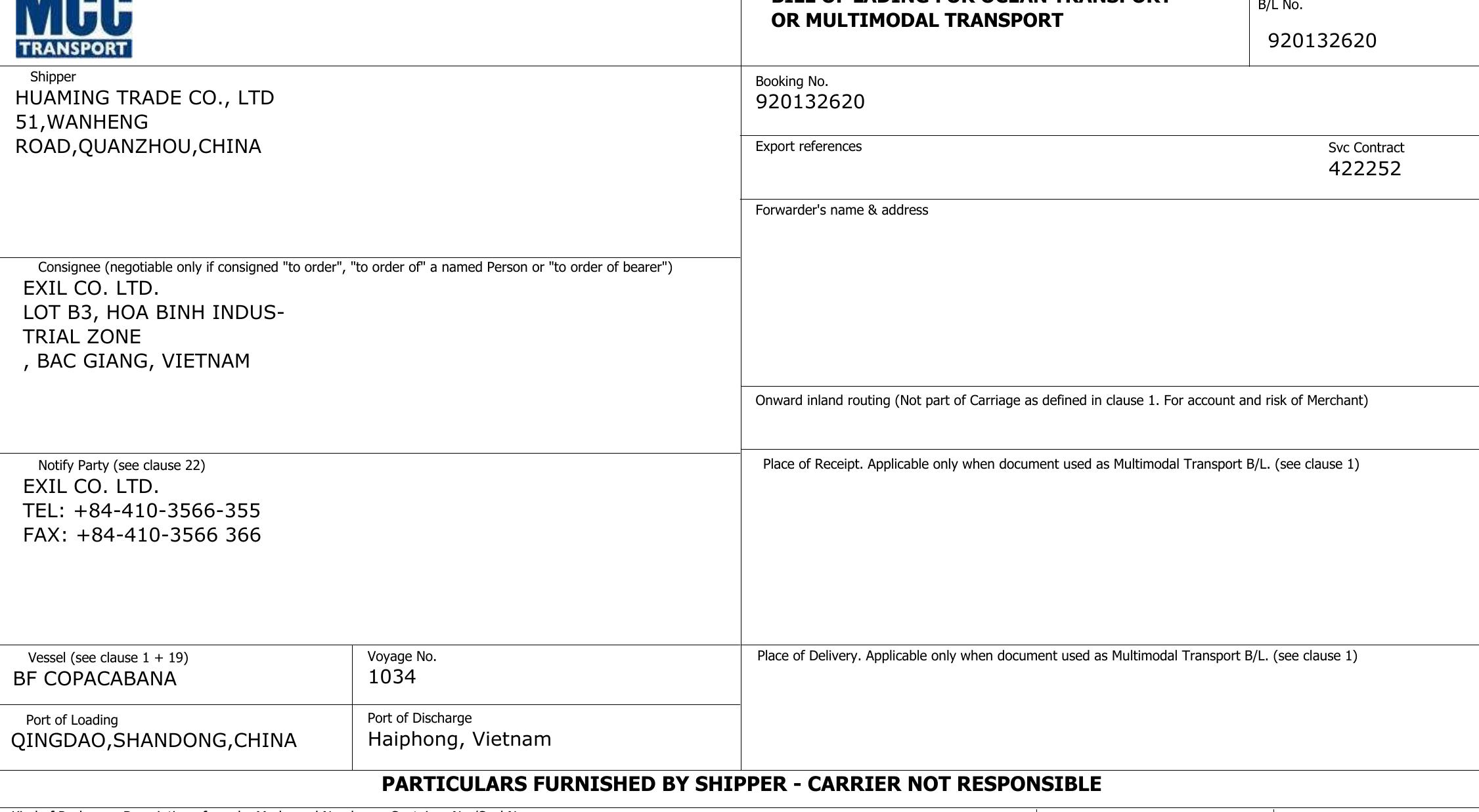 Table 2 - BILL OF LADING FOR OCEAN TRANSPORT OR MULTIMODAL
