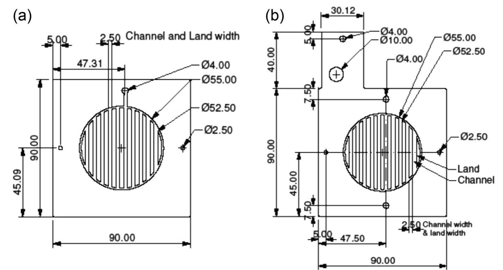 design and dimensions of the (a) cathode and (b) anode