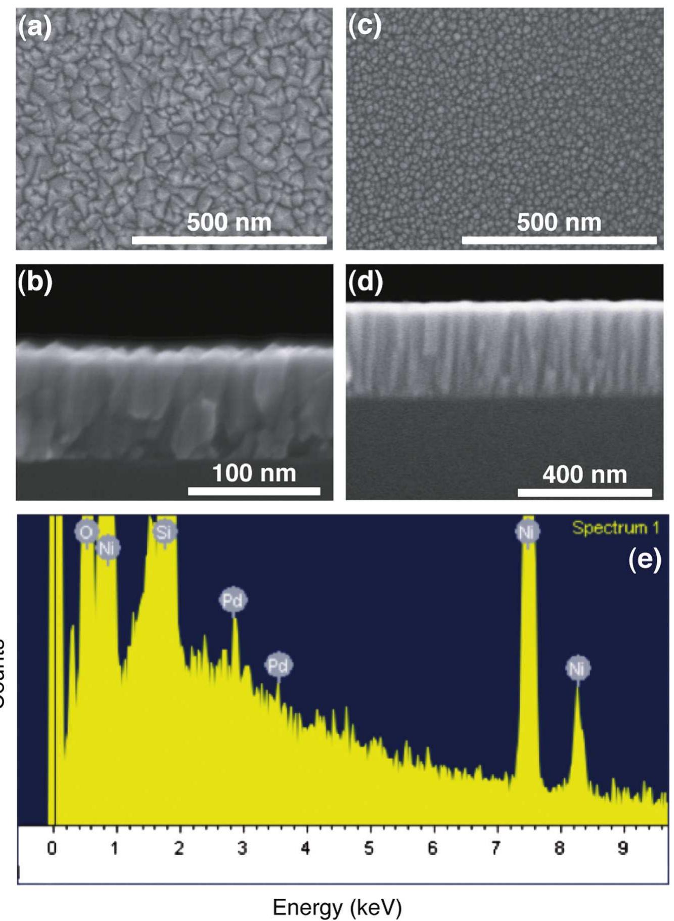 Top view and cross section sem images of nio films deposited
