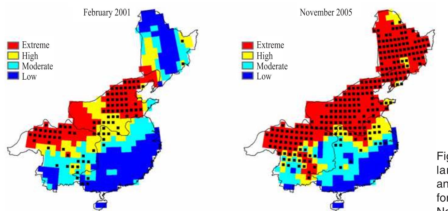 Fire risk maps with estimated fire risk levels and observed