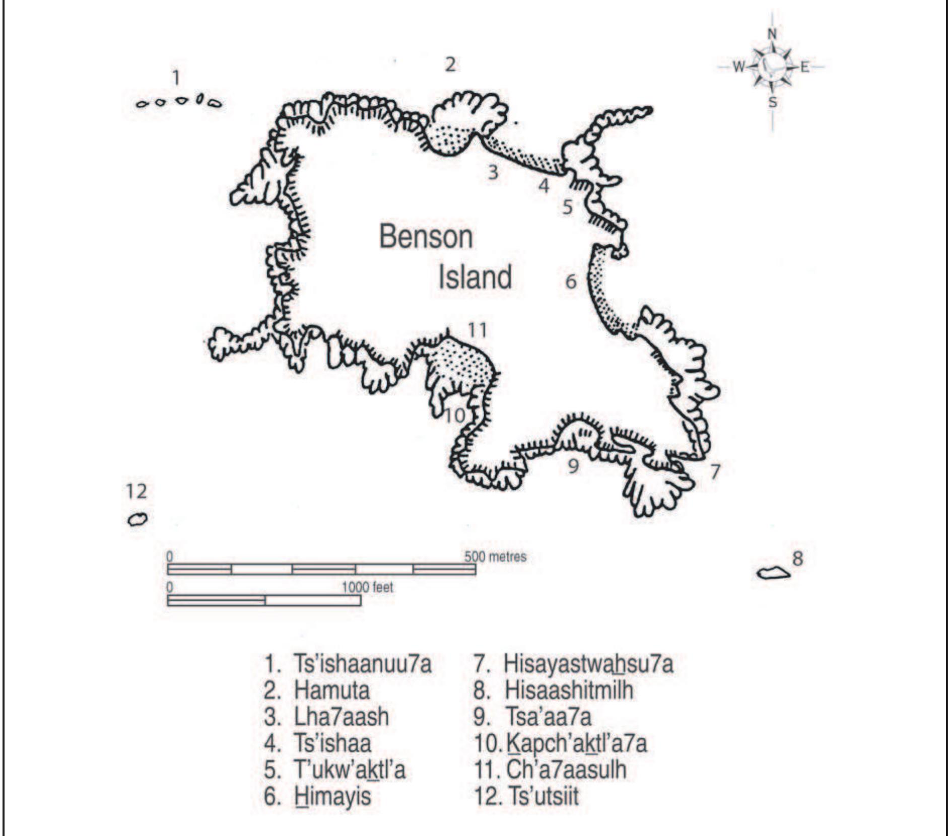 Map of benson island with known place names including the