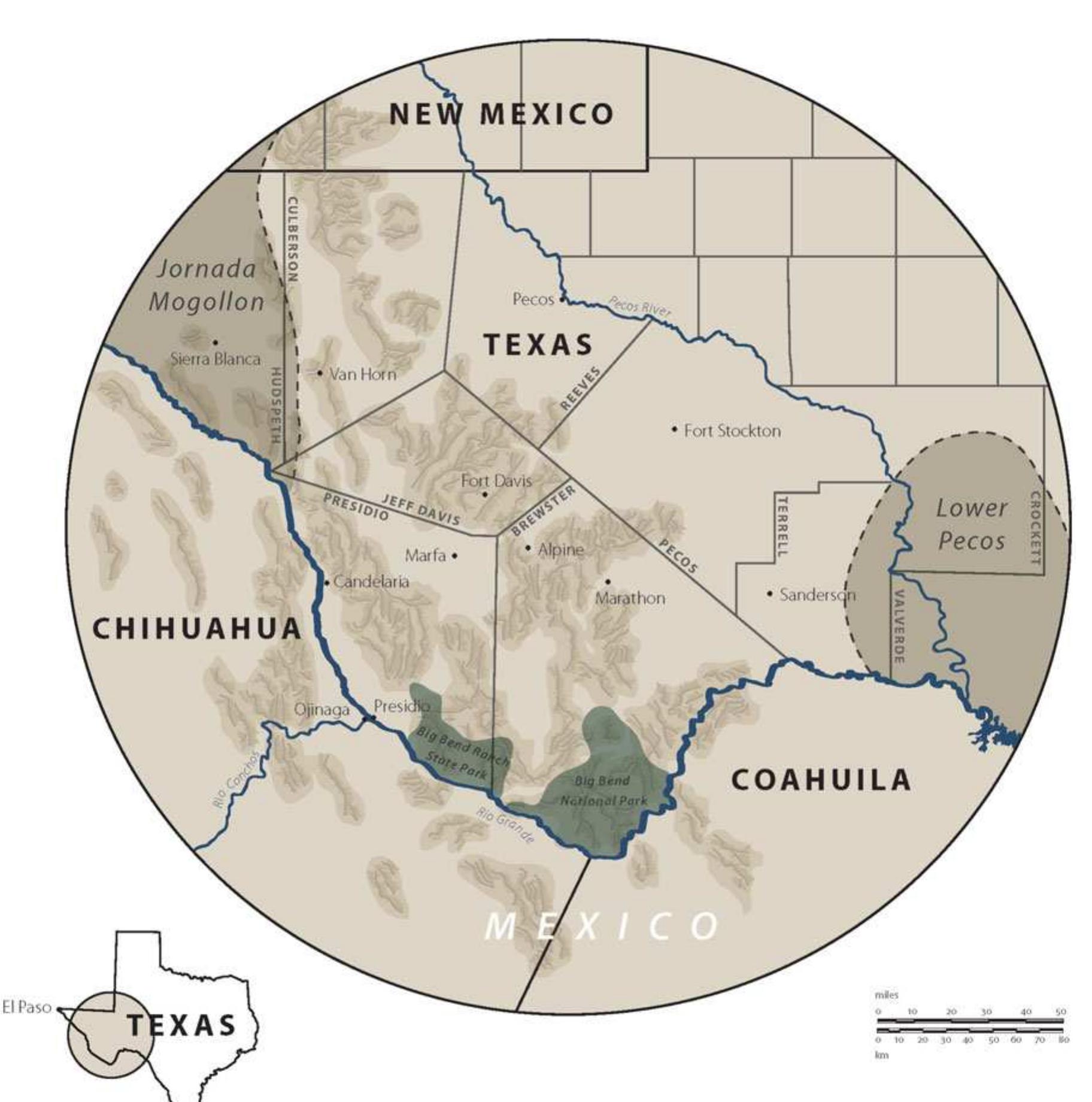The eastern trans-pecos region of west texas delineated by