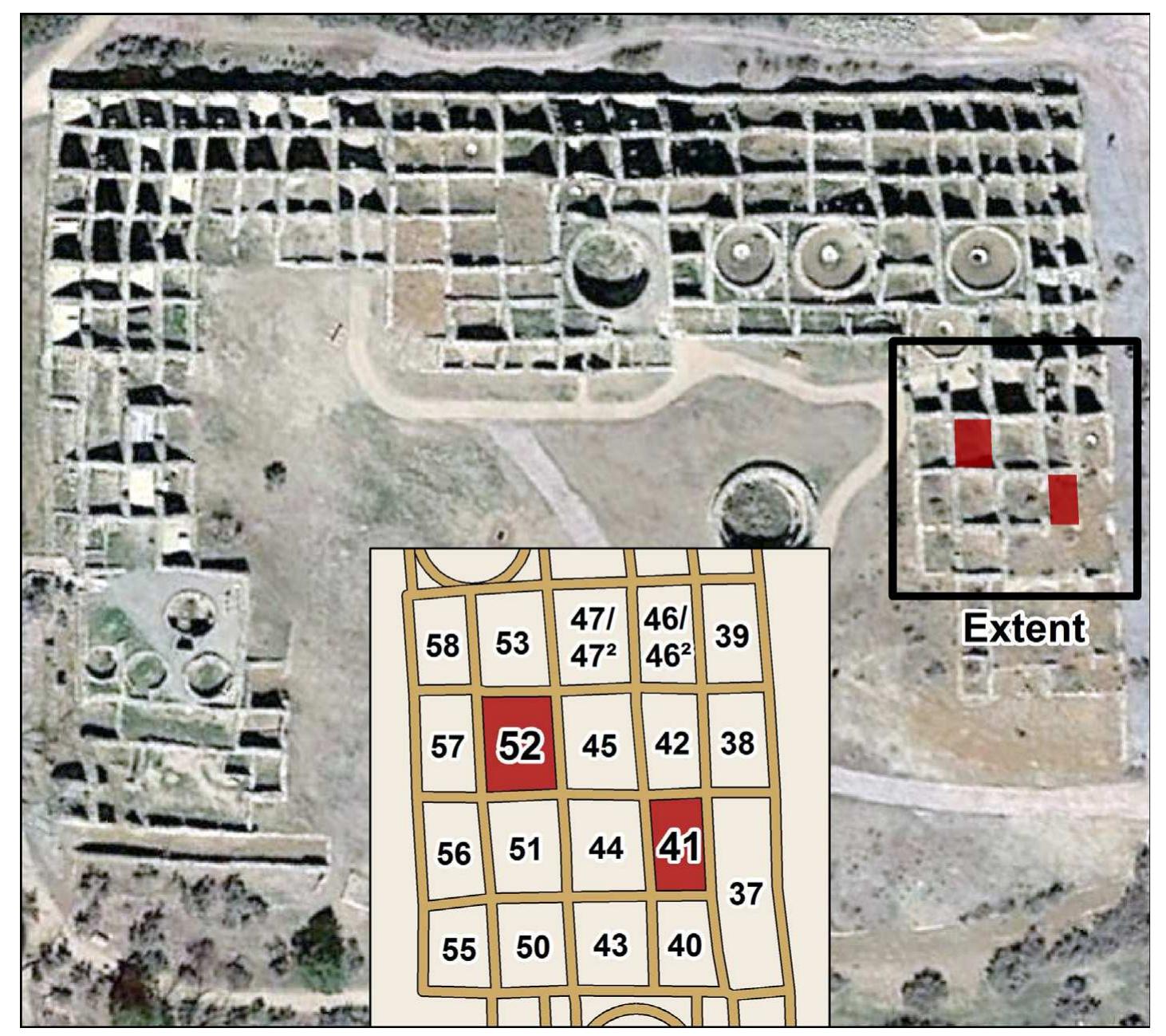 Planview of aztec west showing locations of burial 14 (room