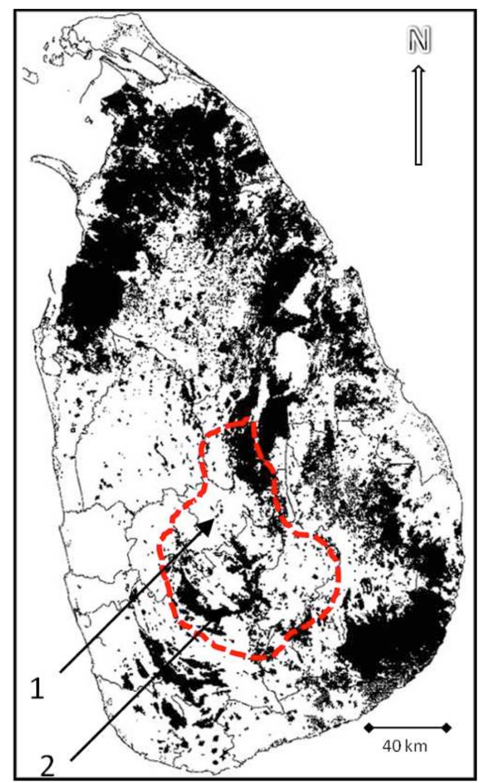 Map of sri lanka showing remaining forest cover (black).