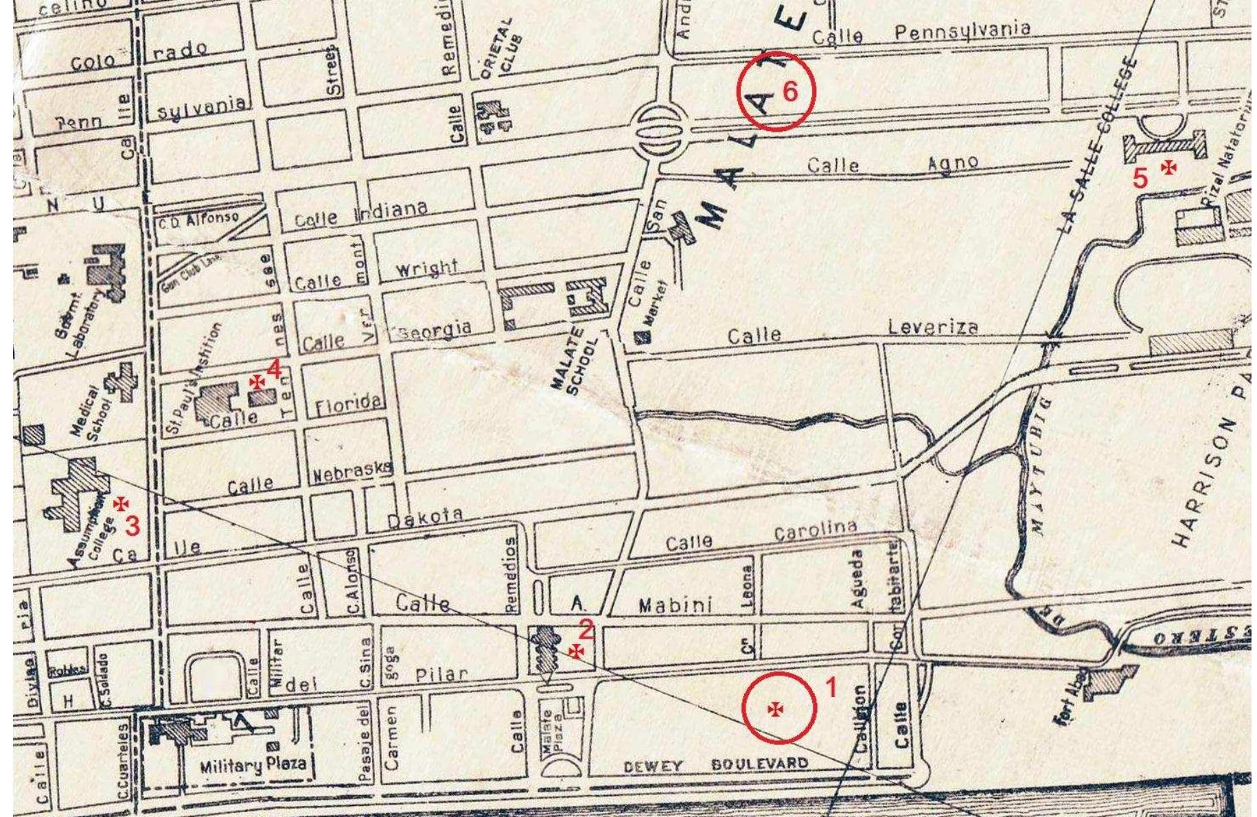 Map of malate, manila, ca. 1940, showing the location of the