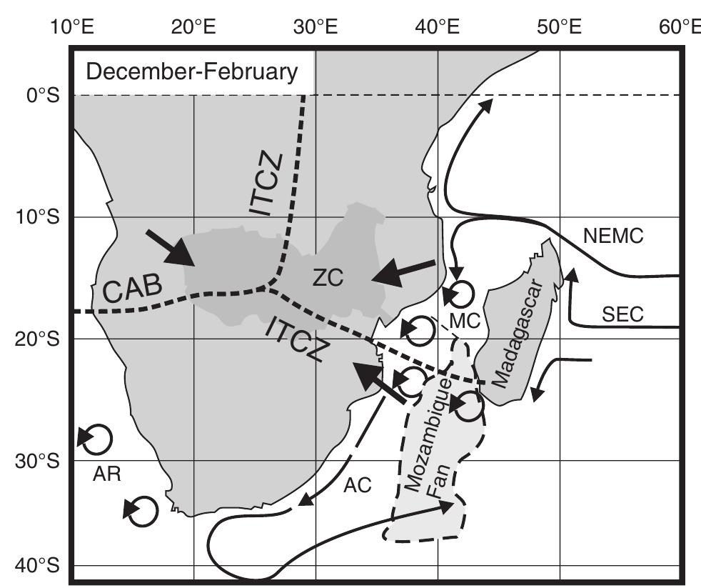 Map of southern africa indicating atmospheric boundaries
