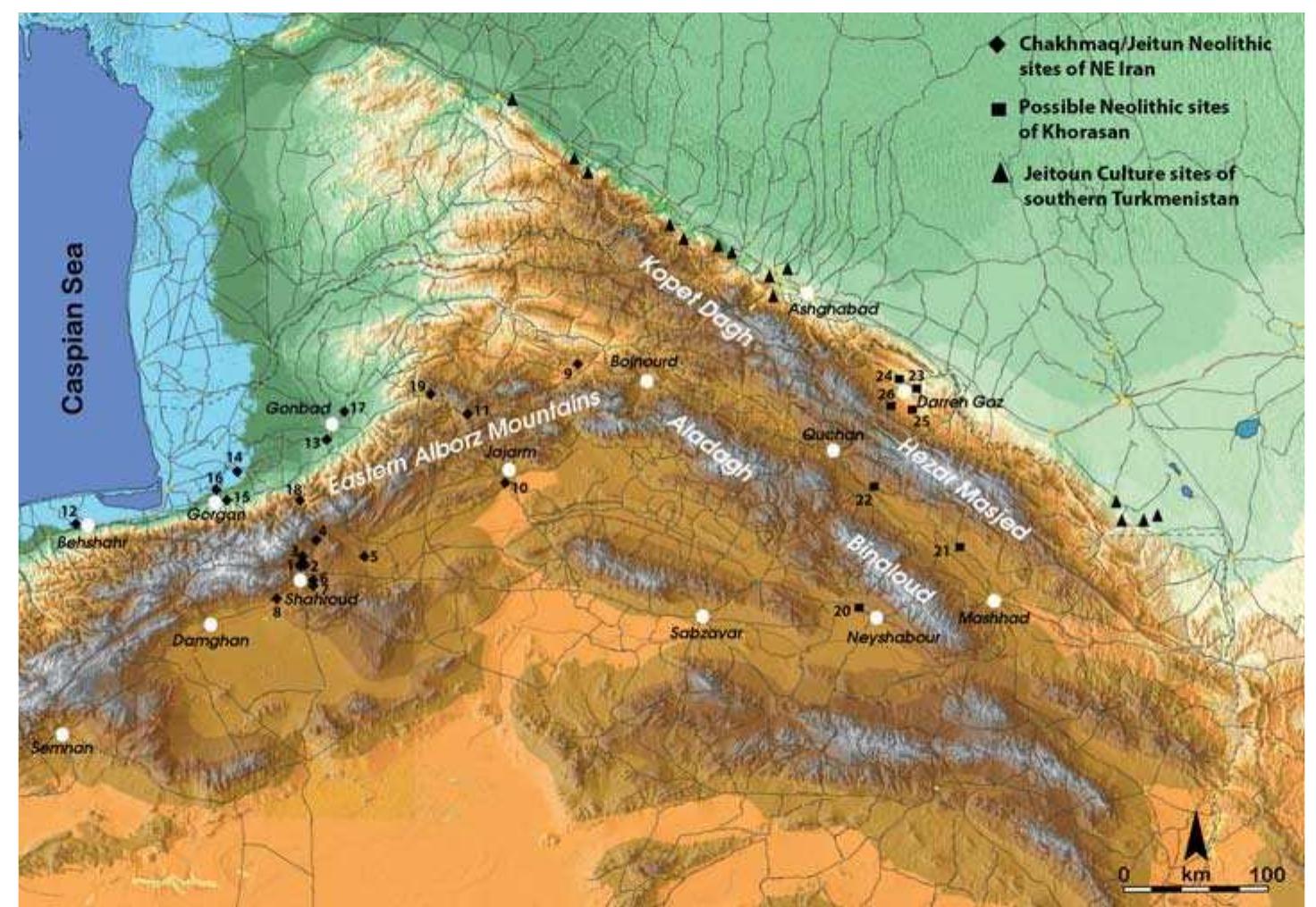 Topographic map of the northeast region and location of the