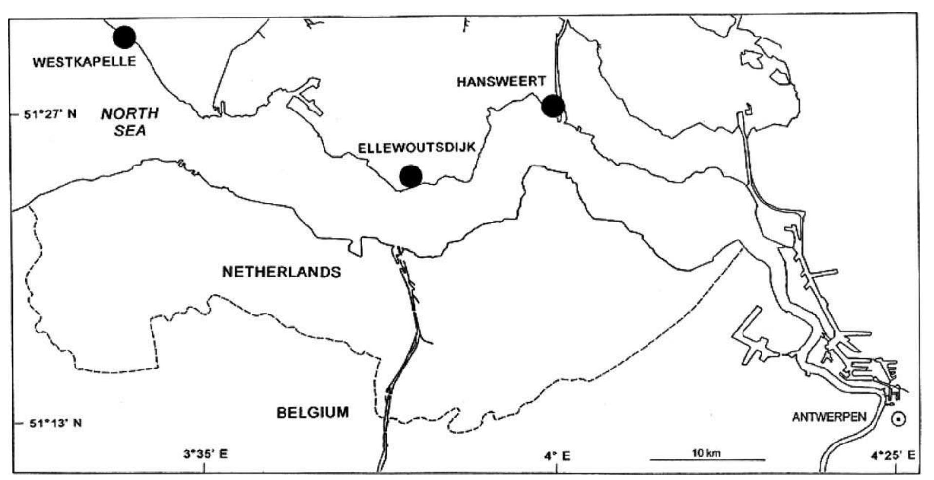 Map of the western scheldt estuary, indicating the three