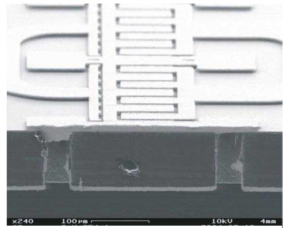 Cross-section of etched via holes in 100 um thick sic