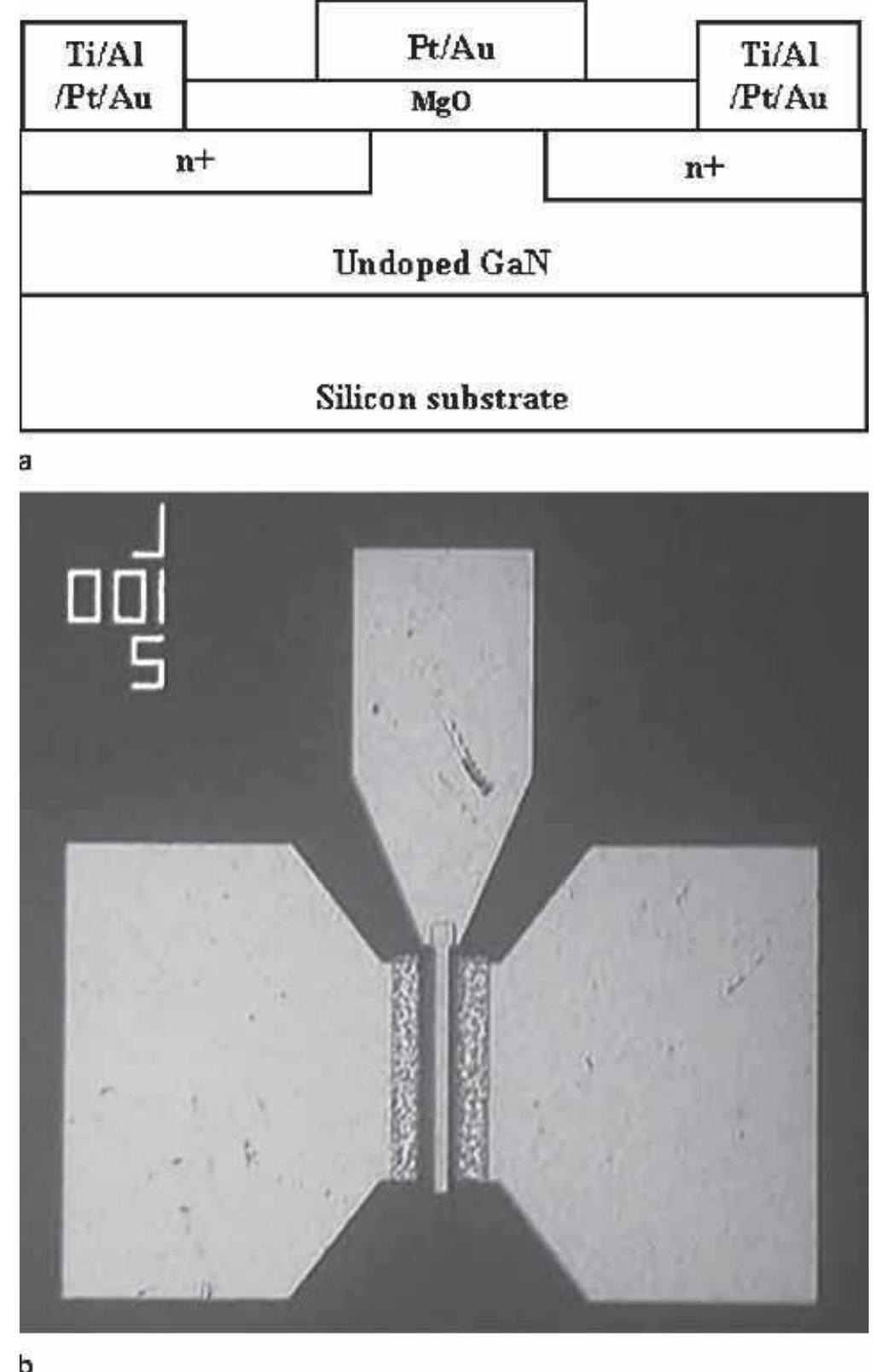 (a) schematic cross-section of the mgo/p-gan mosfet and (b)