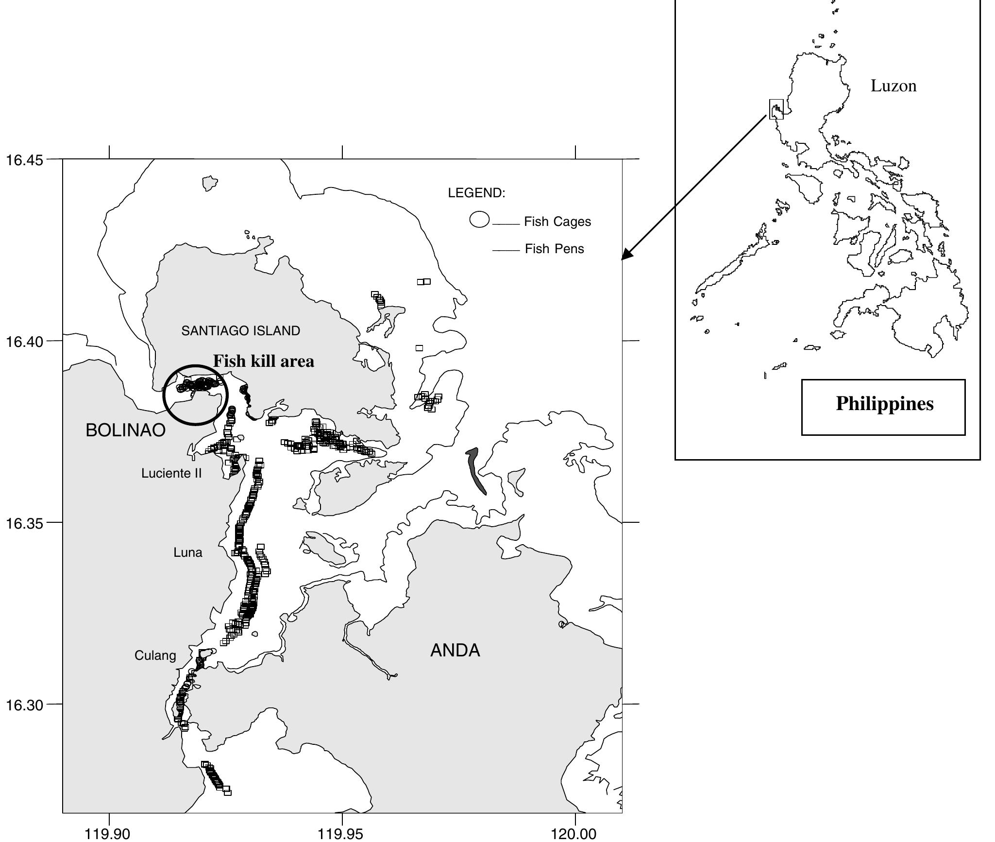 Map showing the location of the fish pens and cages in