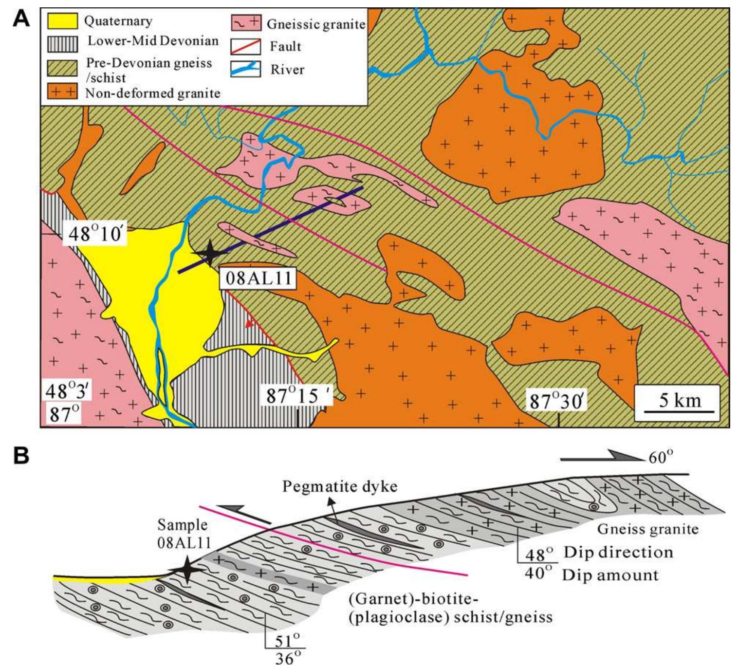 Geological map (a) and geological cross-section (b) along