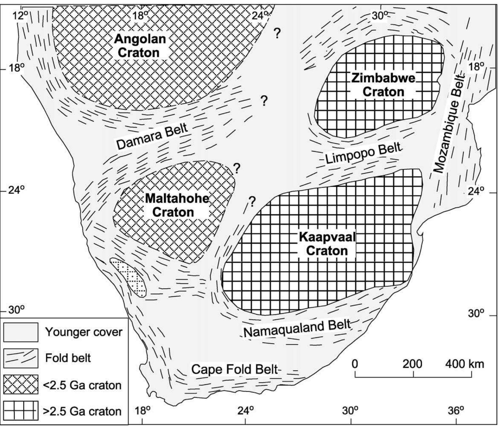 Simplified geological map showing the main crustal provinces