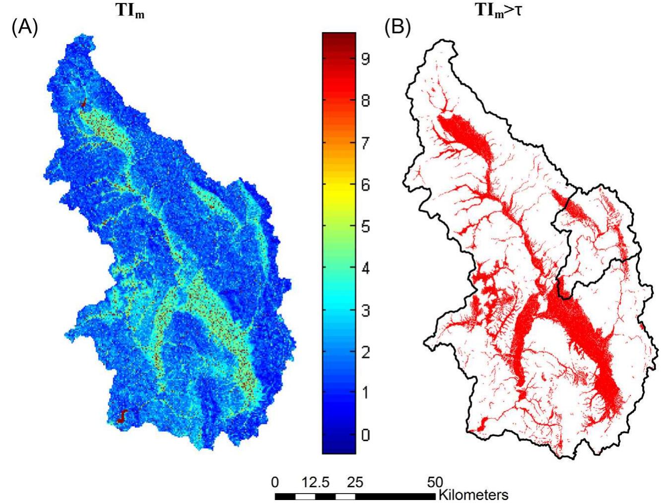 (a) maps of the modified topographic index and (b) maps of
