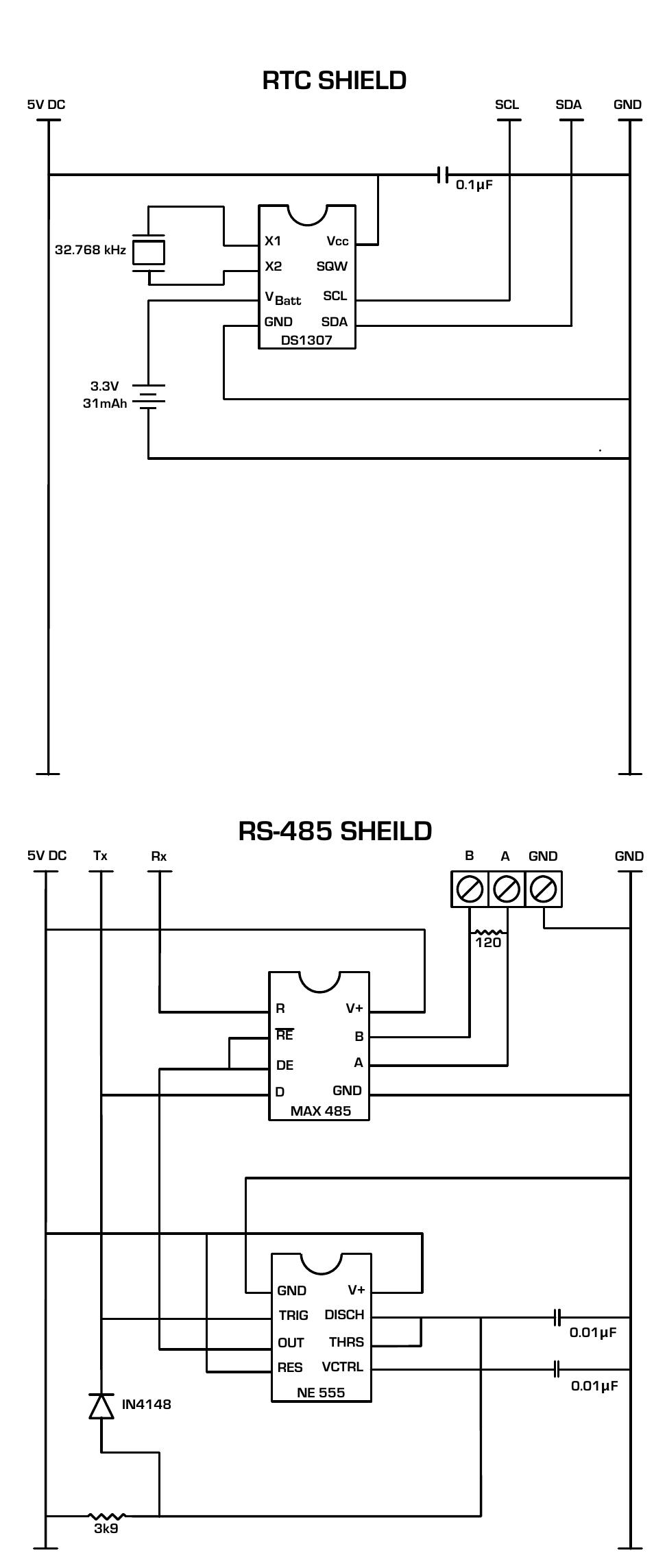 7: rtc and rs-485 shield schematics for the custom shields