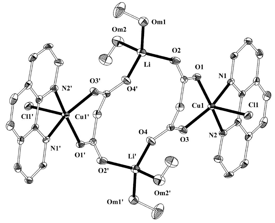 Partially labeled ortep plot of 3 with ellipsoids drawn at