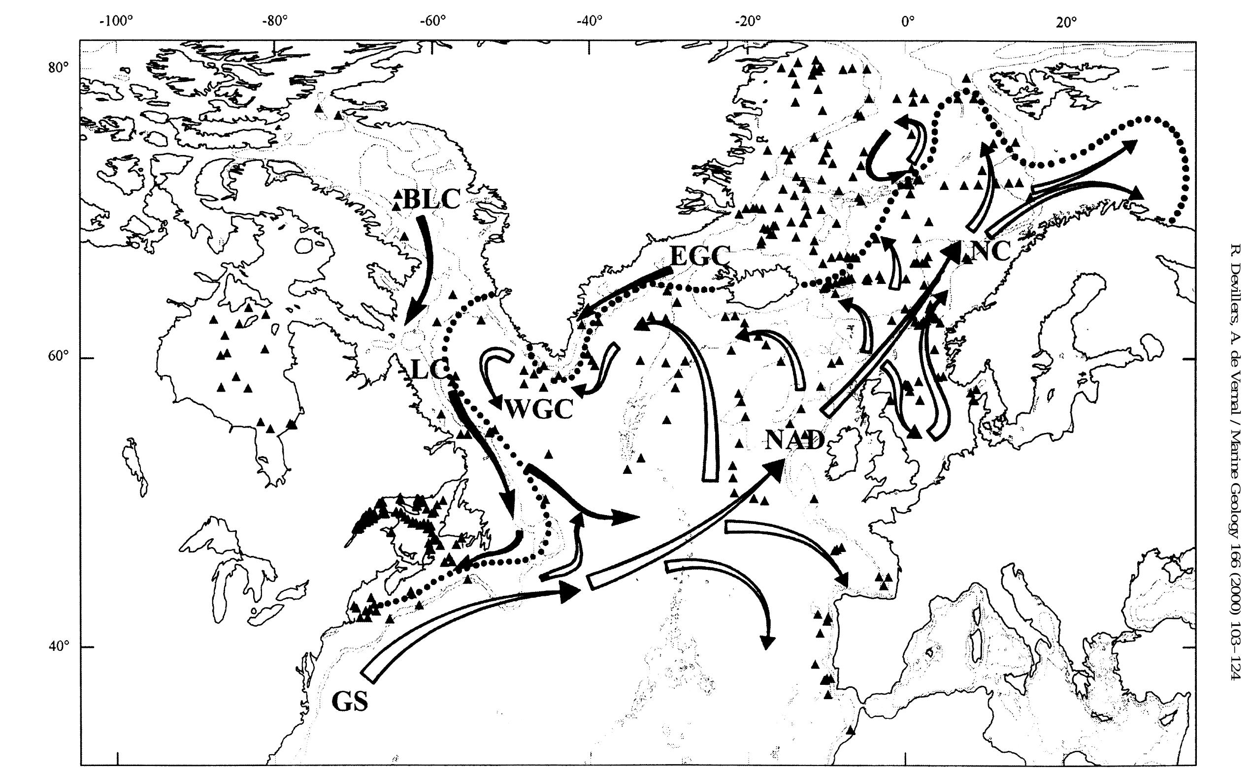 Map of the northern north atlantic ocean. the triangles show