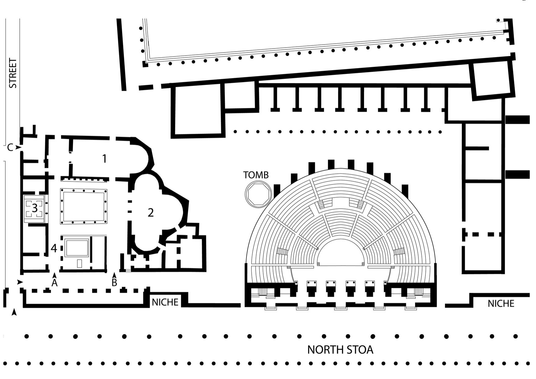 Restored plan of the triconch house (left) and surroundings,
